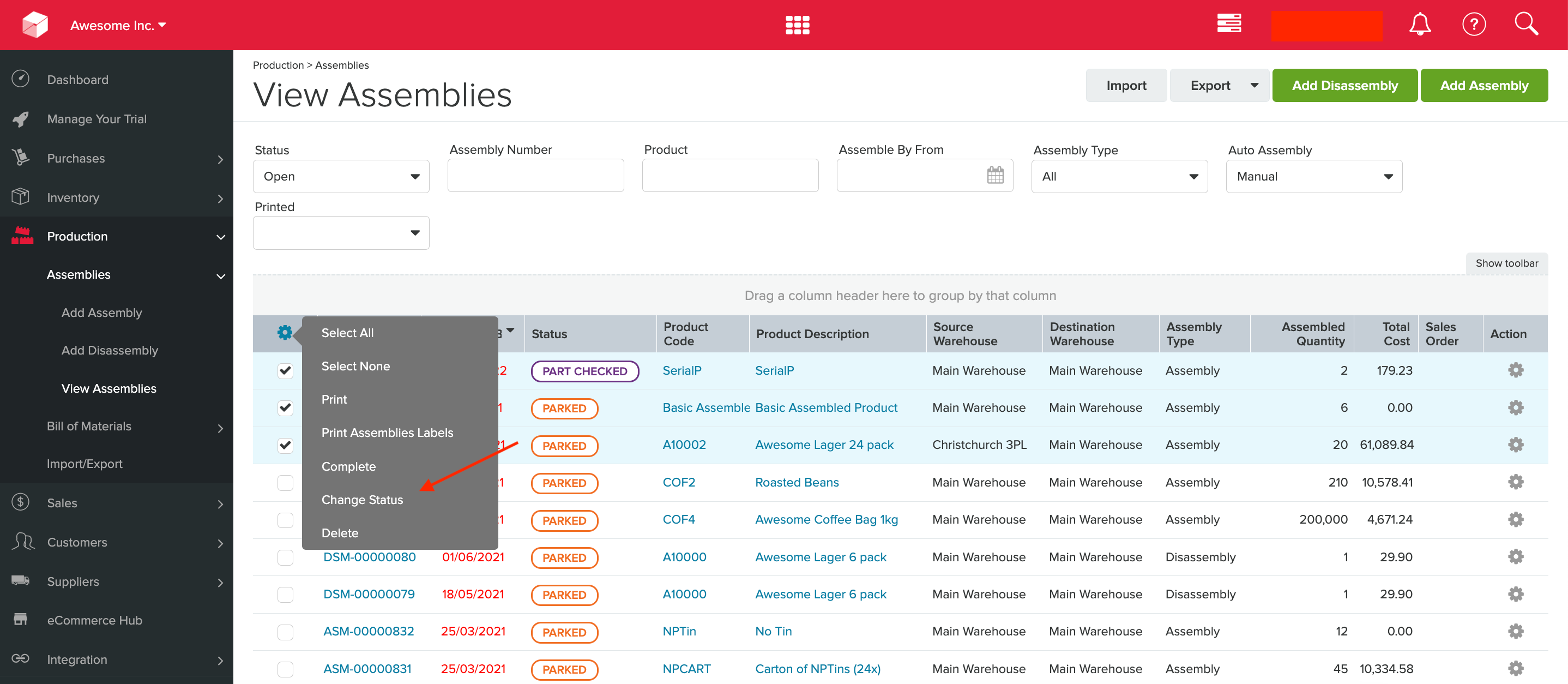 Assembly Statuses – Unleashed Support