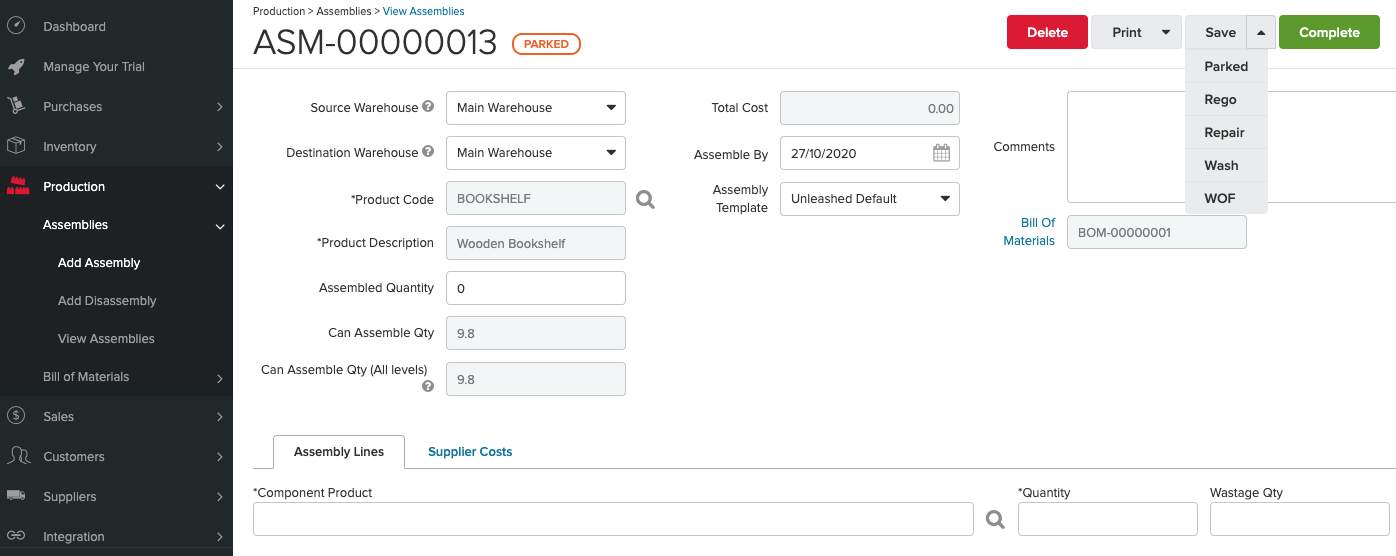 Assembly Statuses – Unleashed Support