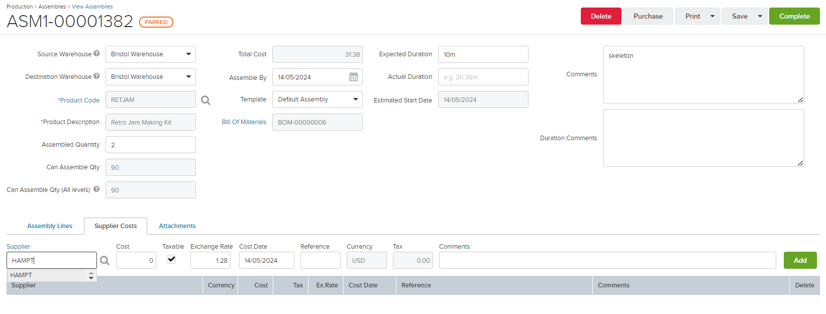 Assembly Costs – Unleashed Support