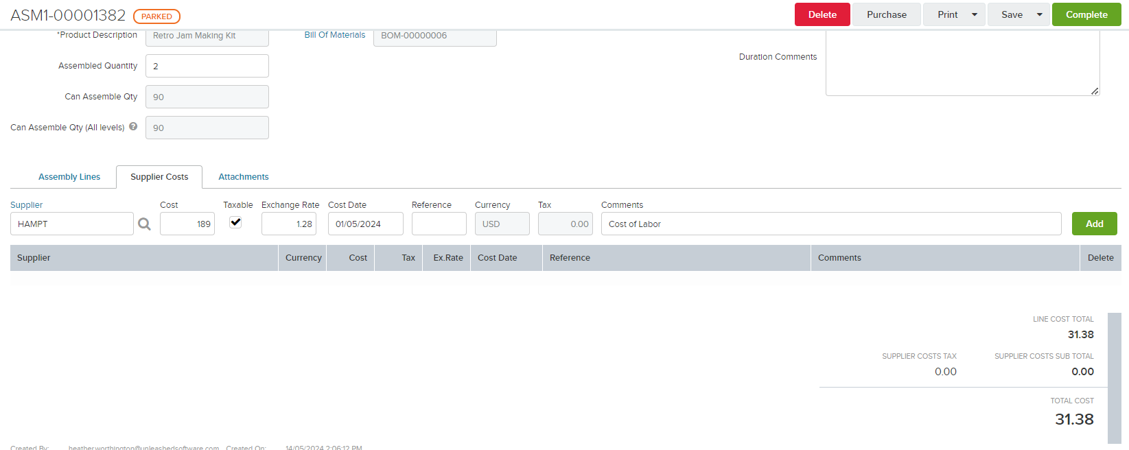 Assembly Costs – Unleashed Support