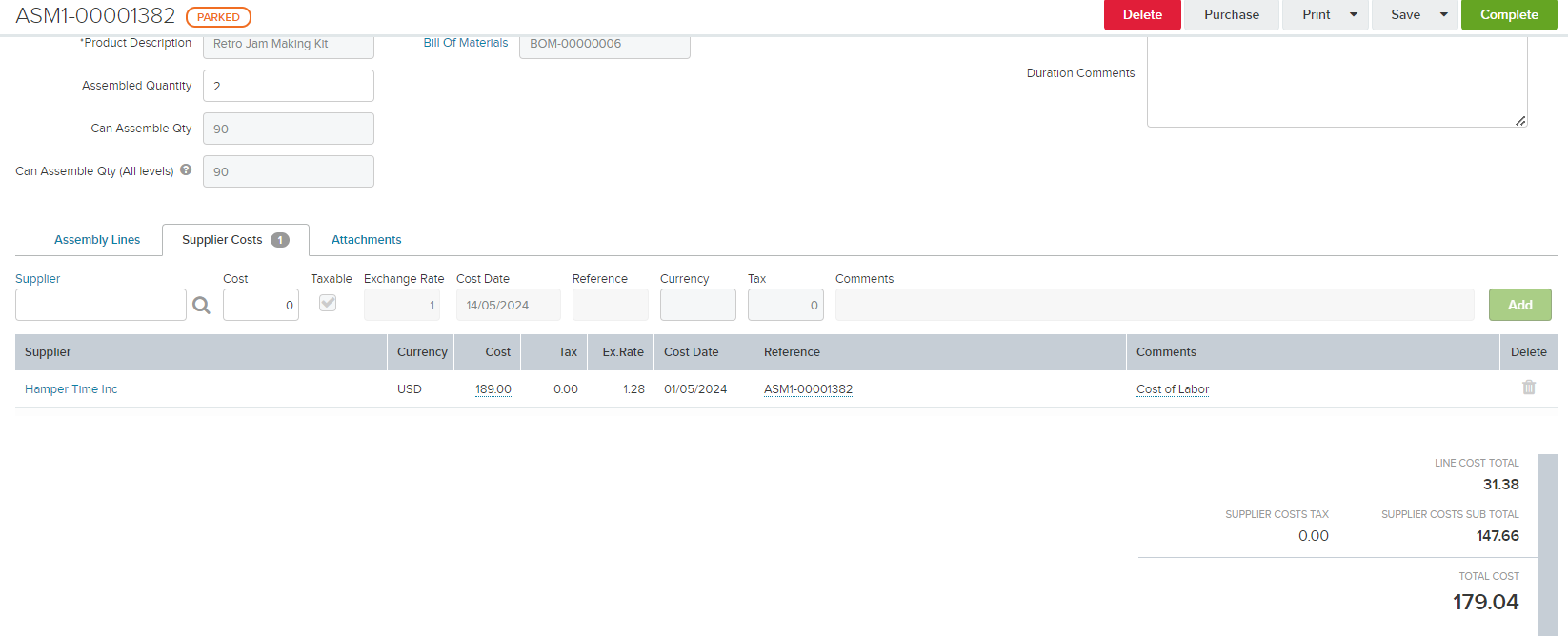 Assembly Costs – Unleashed Support