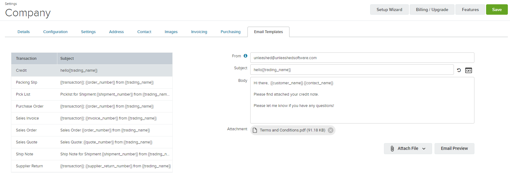 How to attach Terms & Conditions to an email template. – Unleashed Support